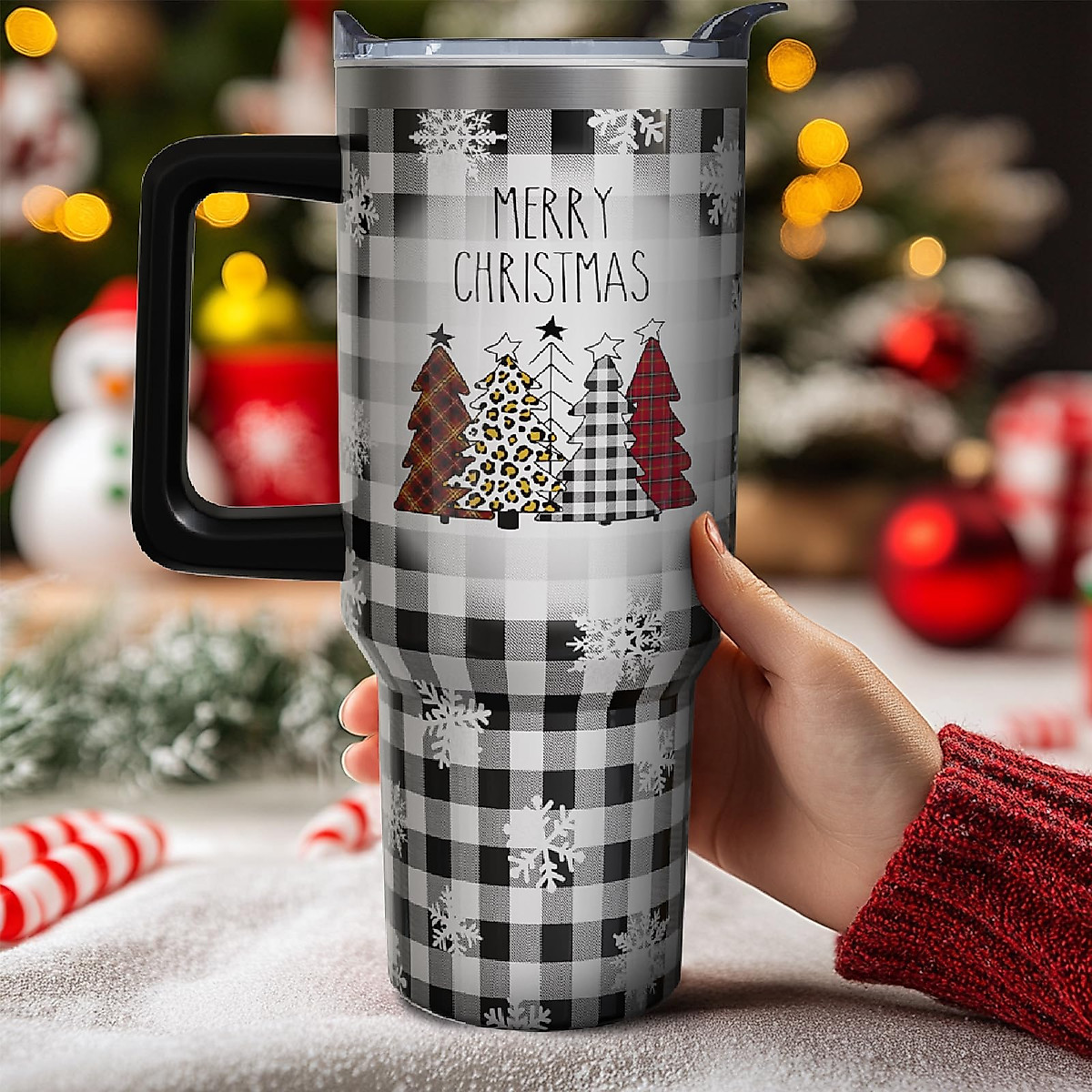 40 oz Christmas Tumblers with Handle and Straw, Christmas Tree Buffalo 40oz Stainless Steel Vacuum Insulated Travel Coffee Mug Cup Water Bottle, Christmas Decor Stuff Accessories Gifts for Women
