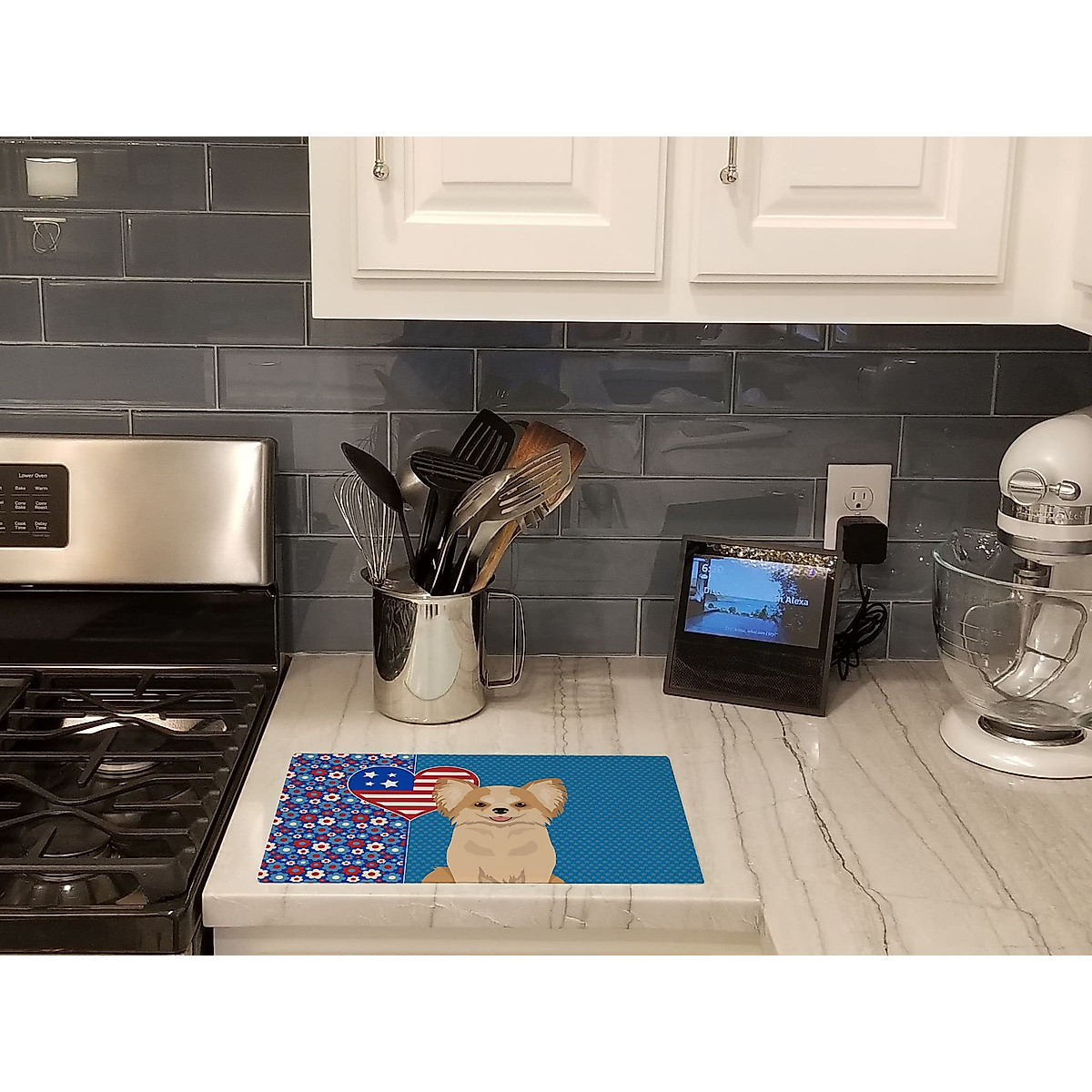 Caroline's Treasures WDK5165LCB Longhaired Gold and White Chihuahua USA American Glass Cutting Board Large Decorative Tempered Glass Kitchen Cutting and Serving Board Large Size Chopping Board