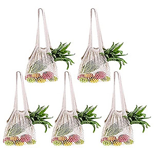 Ahyuan Ecology Reusable Cotton Mesh Grocery Bags 5Pack Long Hand Portable Washable Cotton Mesh String Organizer Shopping Bag Net Shopping Bags Net Tote Mesh Bags Fruit and Vegetable Bag (Beige)