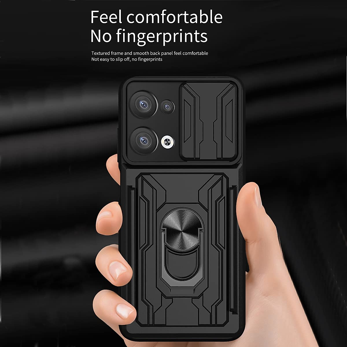 CCSmall for Oppo Reno 8 Pro Case Sliding Window Case with Card Holders, Cover with Slide Camera Protection Built-in Magnetic Kickstand Case for Oppo Reno 8 Pro 5G LJK Black