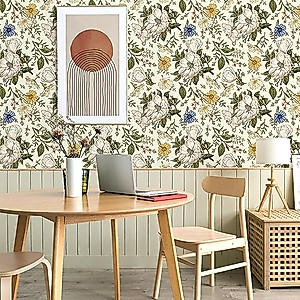 VEELIKE 17.7"×118.1" Floral Peel and Stick Wallpaper Vintage Peony Daisy Floral Wallpaper Self Adhesive Removable Floral Contact Paper Decorative Vinyl for Bedroom Walls Cabinets Shelves Nursery