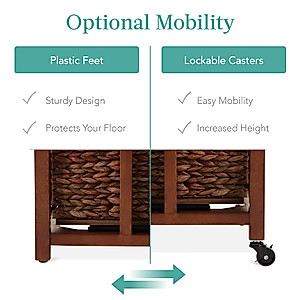 Best Choice Products Vertical Rolling File Cabinet, Multipurpose Portable Water Hyacinth Basket Organizer for Home Office, Workspace w/Rubberwood Frame, Metal Sliders, Locking Caster Wheels - Mocha