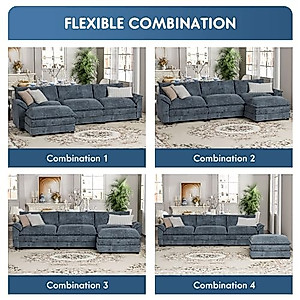 YESHOMY Sectional Modular Sofa L Shaped Chenille Fabric Couch with High Supportive & Soft Sponges and Removable Ottoman, Sleeper Comfy Upholstered Furniture for Living Room, Blue
