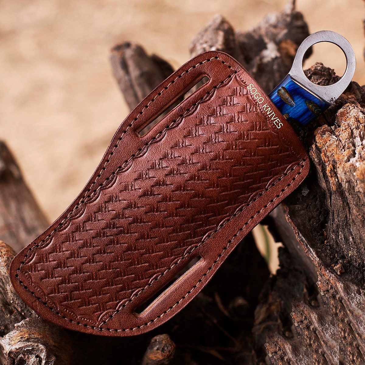 Leather Knife Sheath, Slanted Pancake Sheath, Tooled Leather Sheath, Belt Sheath, Beautiful Cow Boy Bull Cutter Knife Leather Sheath 100% Real Leather and Exotic Cow Hide Sheath (Brown)