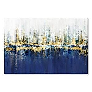 7Fisionart Abstract Wall Art Indigo Blue Canvas Paintings Gold Cityscape Modern Skyline Large Size Picture Artwork Framed for Living Room Bedroom Home Office Wall Decor 36"x24"