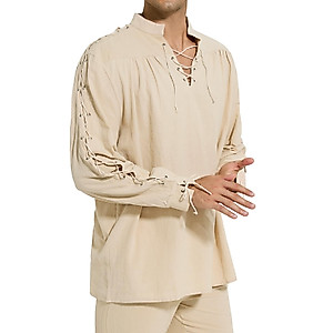 RYCUZYNU Elefan Cornelia Underwear Men's Loose Linen Medieval Gothic Renaissance Shirt Long Sleeve Pirate Mercenary Costume X-Small Beige