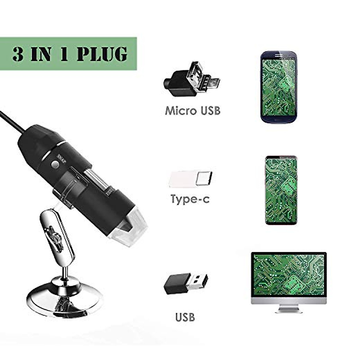 USB Microscope,1000x Magnification Endoscope, 8 LED USB 2.0 Digital Microscope, Mini Camera with OTG Adapter and Metal Stand, Compatible with Mac Window 7 8 10 Android Linux (Black)