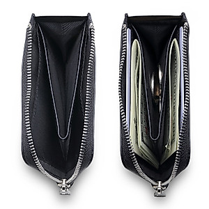 HISCOW Metal Zipper Slim Sector Wallet with 2 Card Slots - Italian Calfskin (Black)