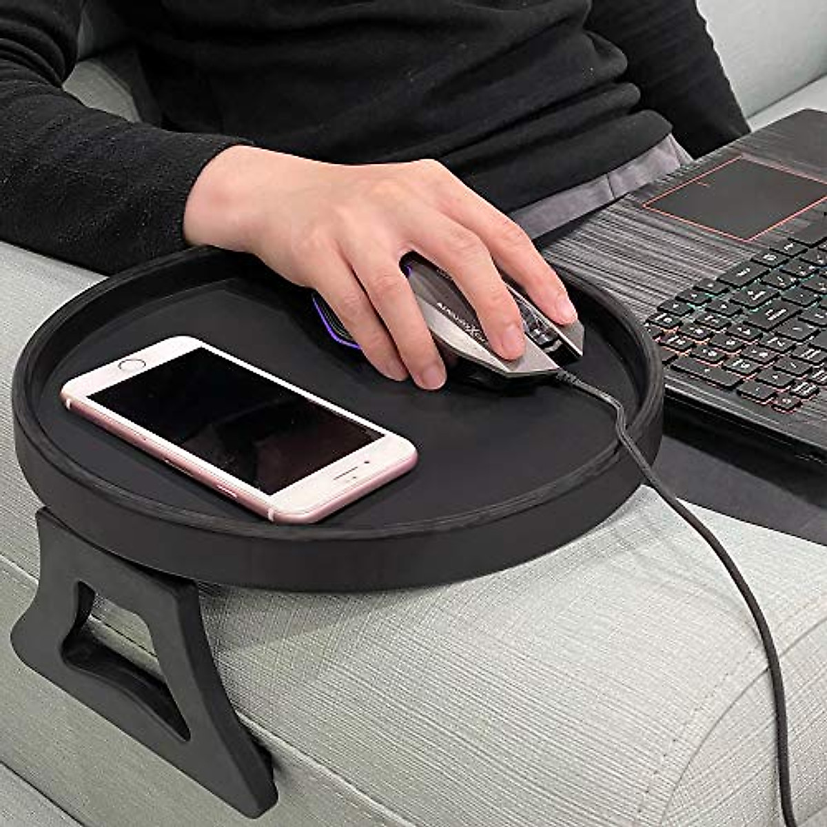 Sofa Arm Clip Tray, Side Table for Remote Controls/Drinks/Gamepads Holder (Black)