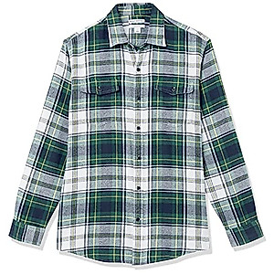 Amazon Essentials Men's Long-Sleeve Flannel Shirt, Regular-Fit, Two Pockets, Green White Plaid, Large
