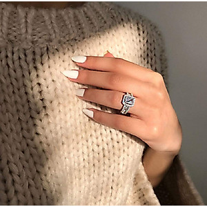 LVTING Princess Cut Cubic Zirconia Ring 925 Silver Engagement Wedding Ring CZ Simulation Diamond Ring Gorgeous Personality Square Wheel Ring Marriage Studded Ring for Women (10#)