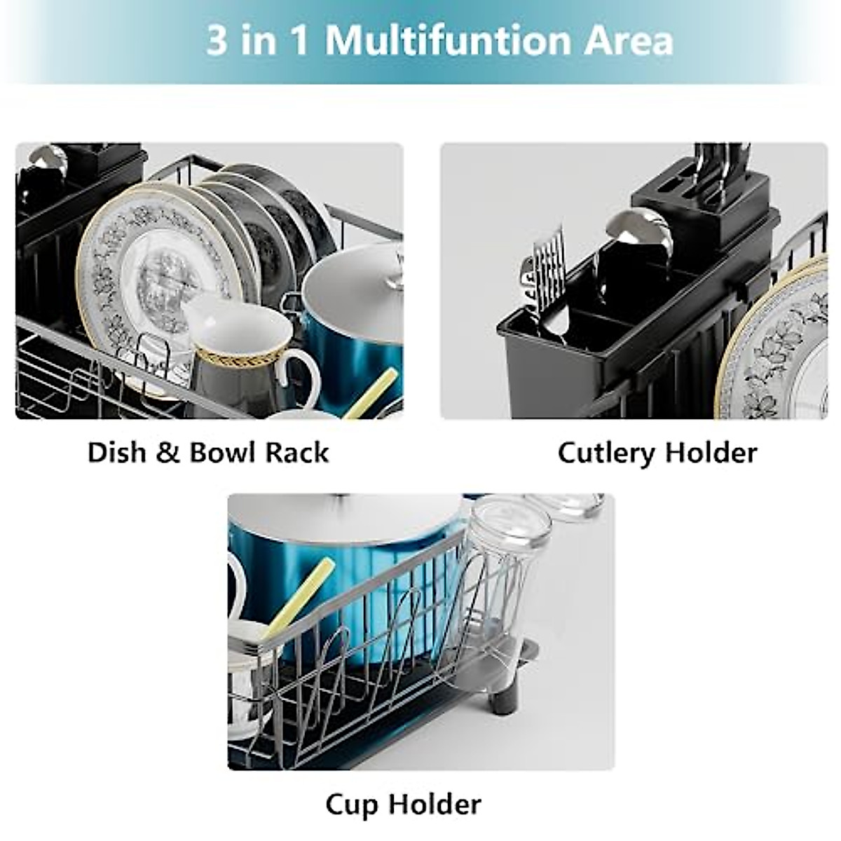 AWLYLNLL Dish Drying Rack, Space-Saving Dish Rack, Multifunctional Dish Racks for Kitchen Counter, Anti-Rust Drying Dish Rack with Cutlery & Cup Holders, Dish Drainer for Dishes & Knives, Black