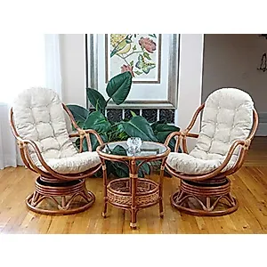 Bali Lounge Swivel Rocking Chair with Dark Brown Cushion Natural Rattan Wicker Handmade, Colonial