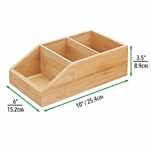 mDesign Bamboo Wood Food Storage Bin with Divided 3 Compartments and Sloped Front for Kitchen Cabinet, Pantry, Shelf to Organize Seasoning Packets, Powder Mixes, Spices, Snacks - 2 Pack - Natural