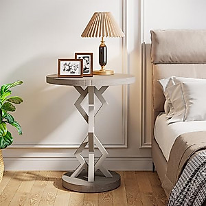Tribesigns Set of 2 Round End Table, 2-Tier Wood Side Table with Pedestal, Modern Nightstand Bedside Table Coffee Accent Table for Living Room Bedroom & Small Space, Gray (2)