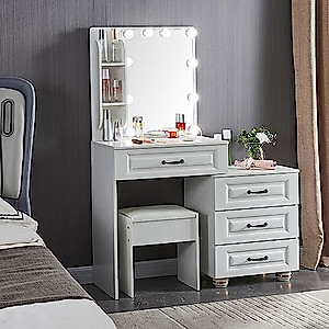 White Vanity Set, Makeup Vanity Desk with Lighted Mirror and Cushioned Stool, Bedroom Set with 4 Drawers and Shelves for Women, Girls