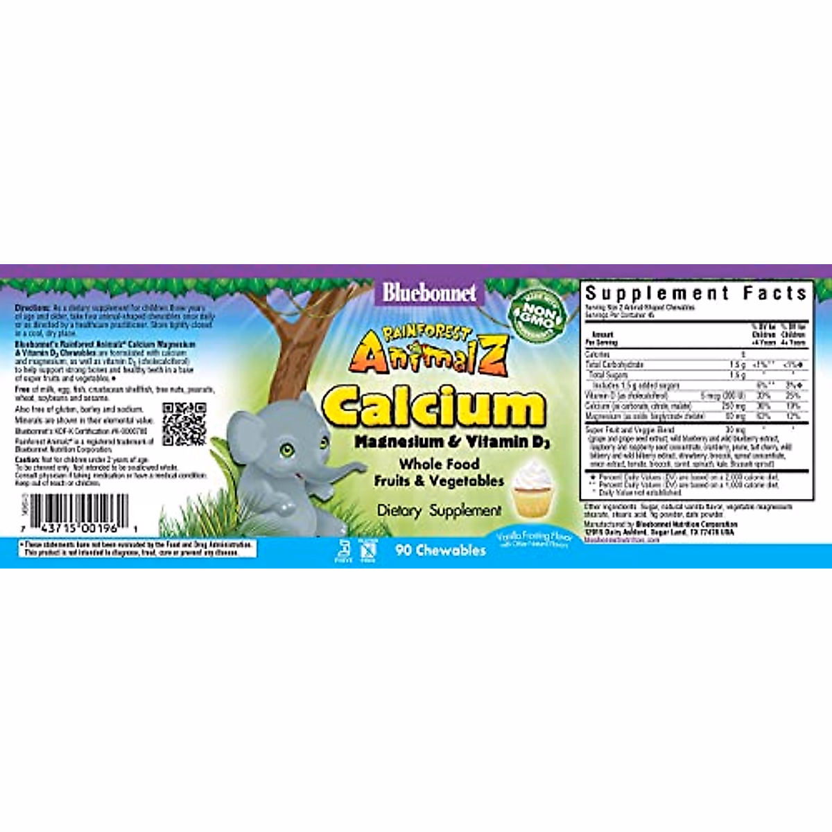 BlueBonnet Super Earth Rainforest Animalz Calcium Magnesium And Vitamin D3 Chews, Natural Vanilla Frosting, White, 90 Count