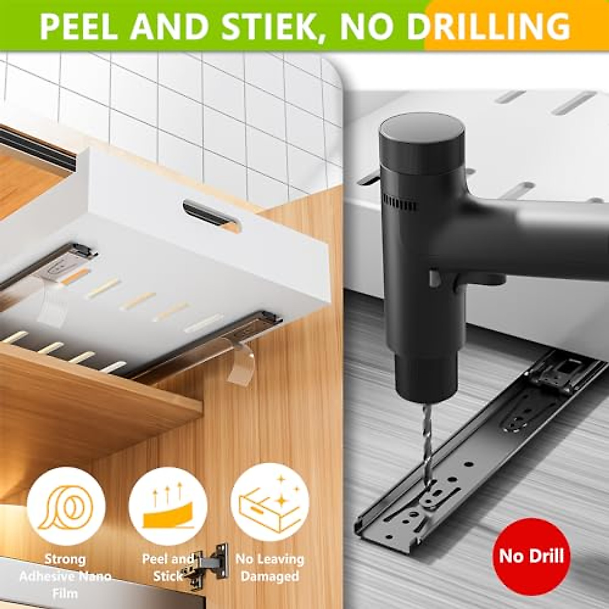 Mlinavn Pull out Cabinet Organizer, No drill Slide out Cabinet Drawers Heavy Duty Organizers and Storage with Fixed Adhesive Nano Film,Compatible Framed Cabinets Shelves for Kitchen Pantry White