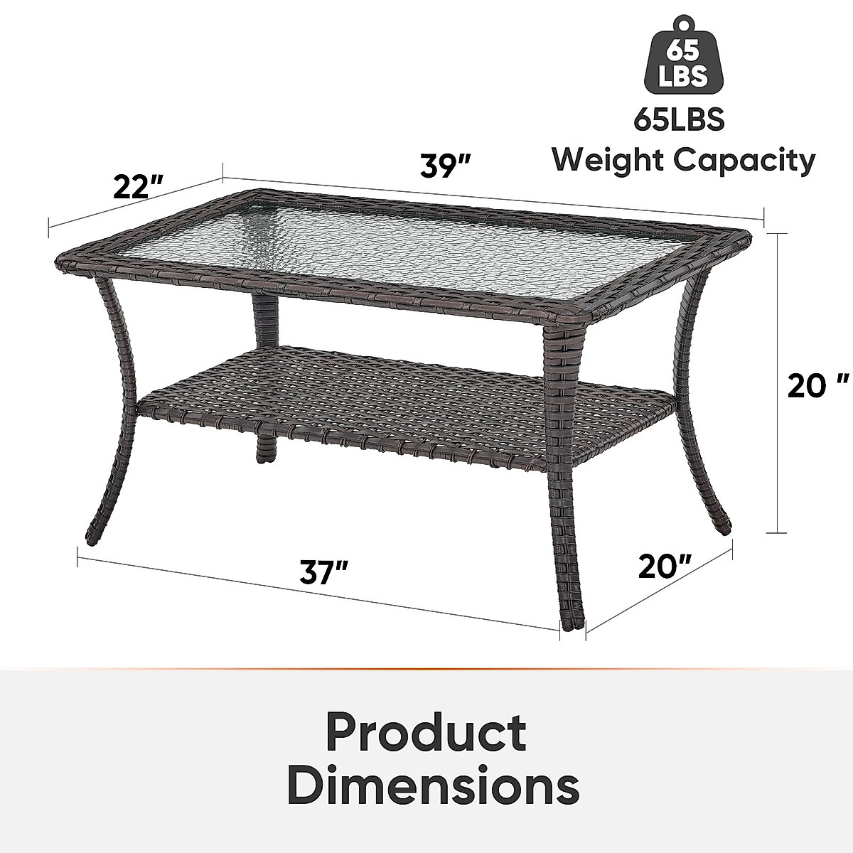 Outdoor Coffee Table - Patio Rattan Wicker Coffee Table with Tempered Glass Top and 2-Tier Storage Outdoor Table for Deck Porch Balcony Garden - Brown