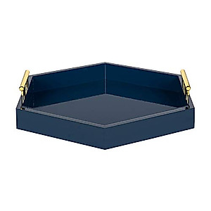 Kate and Laurel Lipton Hexagon Decorative Tray with Polished Metal Handles, Navy Blue and Gold