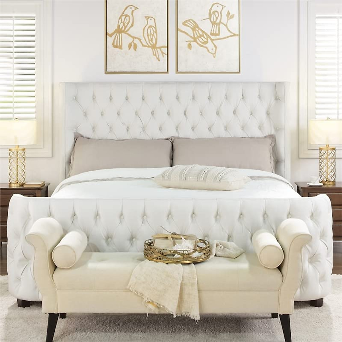 Jennifer Taylor Home Brooklyn King Tufted Panel Bed Headboard and Footboard Set, Antique White Polyester