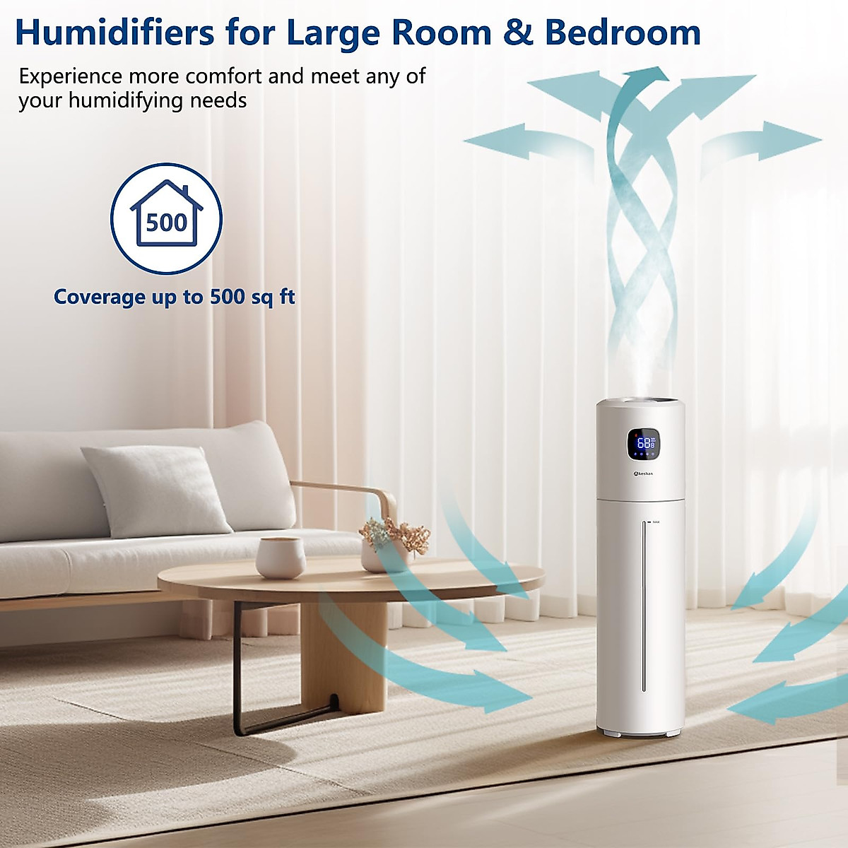 Large Humidifiers for Bedroom, 9L/2.5Gal Ultrasonic Cool Mist Humidifier, Easy Clean Humidifier with 350ML/H Large Mist Speed, Quiet Tower Humidifier, Suitable for Kids Room Plant Yoga (White)
