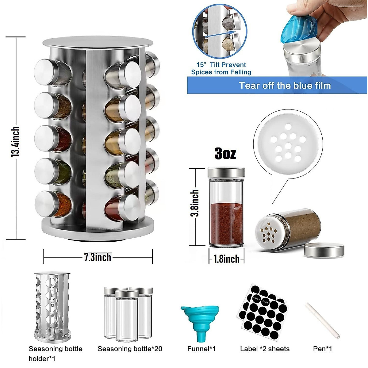 Revolving Spice Rack Organizer Countertop, Spinning Herb and Spice Storage Rack Tower Organizer with 20 Empty Jars, Rotating Spice Holder Shelf Seasoning Rack Shelf, Spice Seasoning Bottle Organizer