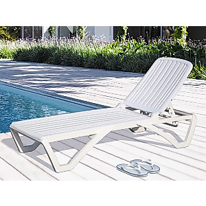 Domi Pool Lounge Chair, Patio Chaise Lounge with 5 Position Adjustable Backrest and Wheels, All Weather Plastic Outdoor Lounge Chairs for Deck Lawn Backyard, White