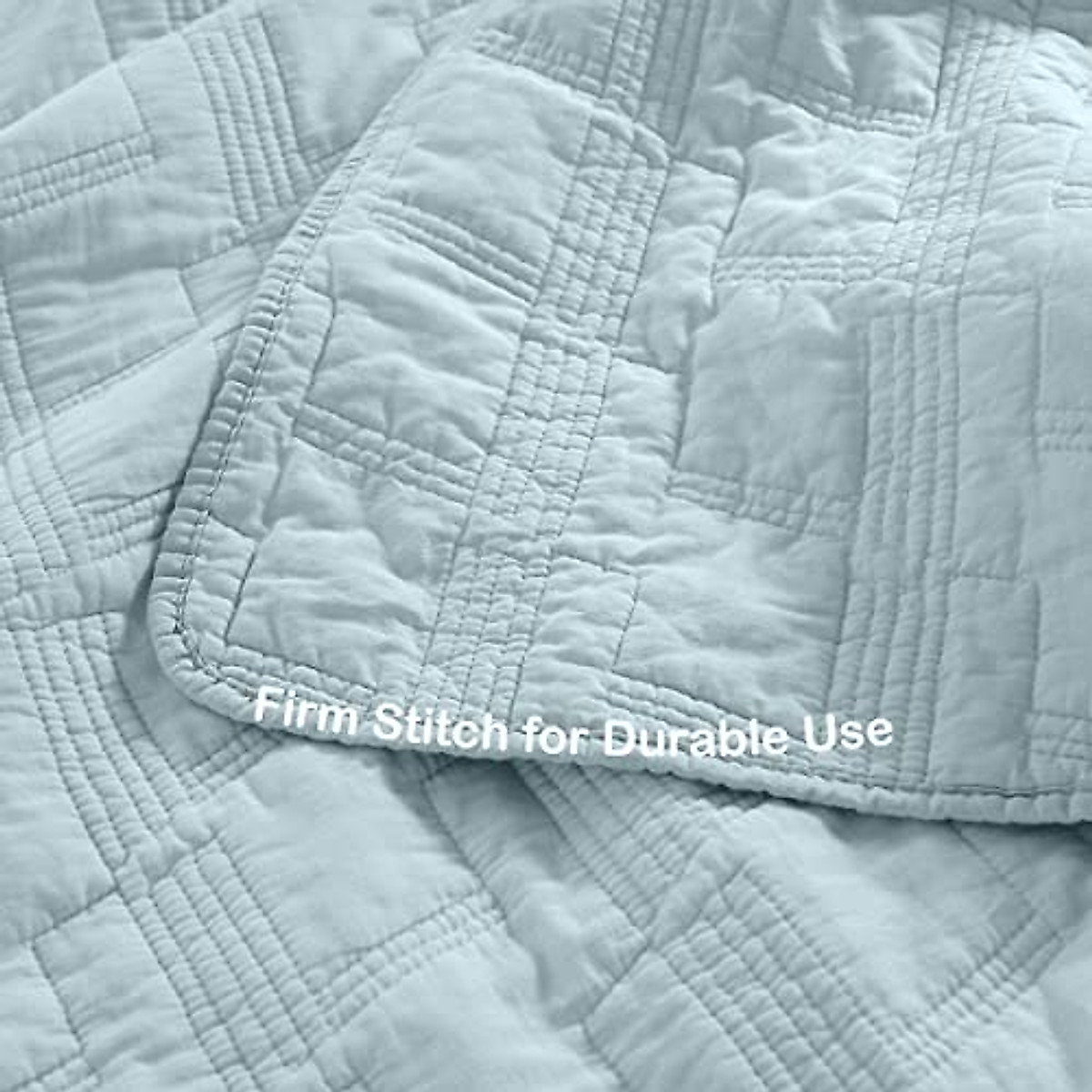 100% Cotton Quilt Set Queen Size, Baby Blue Pre-Washed 3-Piece Bedspread Coverlet Set, Cozy Lightweight Stitching Decorative Bedding Cover with 2 Shams in Geometric Pattern Rustic Style for All Season