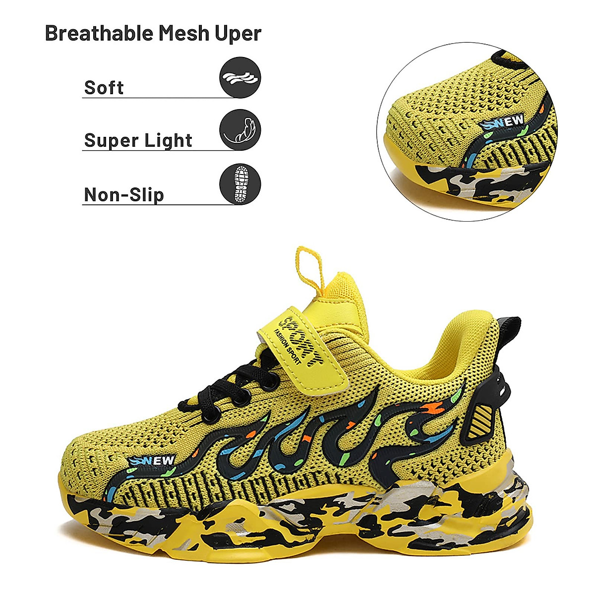 BTKSDAS Kids Shoes Non Slip Lightweight Casual Shoes for Girls Running Gym Golf Athletic Tennis Shoes Girls Sneakers for Kids Black/Yellow Size 3 Big Kid
