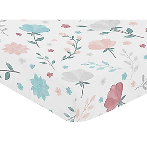 Sweet Jojo Designs Floral Rose Flowers Girl Fitted Crib Sheet Baby or Toddler Bed Nursery - Blush Pink Teal Turquoise Aqua Blue Grey Pop Flower Boho Shabby Chic Modern Colorful Watercolor Roses