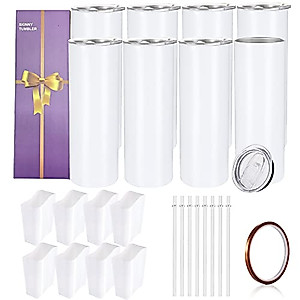 YOUKE OLA 8 Pack Sublimation Tumblers Bulk 20oz White Straight Blank Tumbler for Heat Transfer, Individual Gift Boxed, Stainless Steel Double Wall Insulated Cup with Shrink Wrap Sleeve, Heat Tape