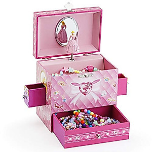 RR ROUND RICH DESIGN Kids Musical Jewelry Box for Girls with 3 Drawers and Jewelry Set with Cute Princess Theme - Beautiful Dreamer Tune Pink