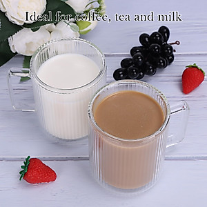 Schliersee Double Walled Glass Coffee Mug, 13.5 OZ Clear Ribbed Glassware Embossed Glass Cups with Handle for Cappuccino, Latte, Cereal, Yogurt, Beer, Milk, Hot or Cold Beverages Cup