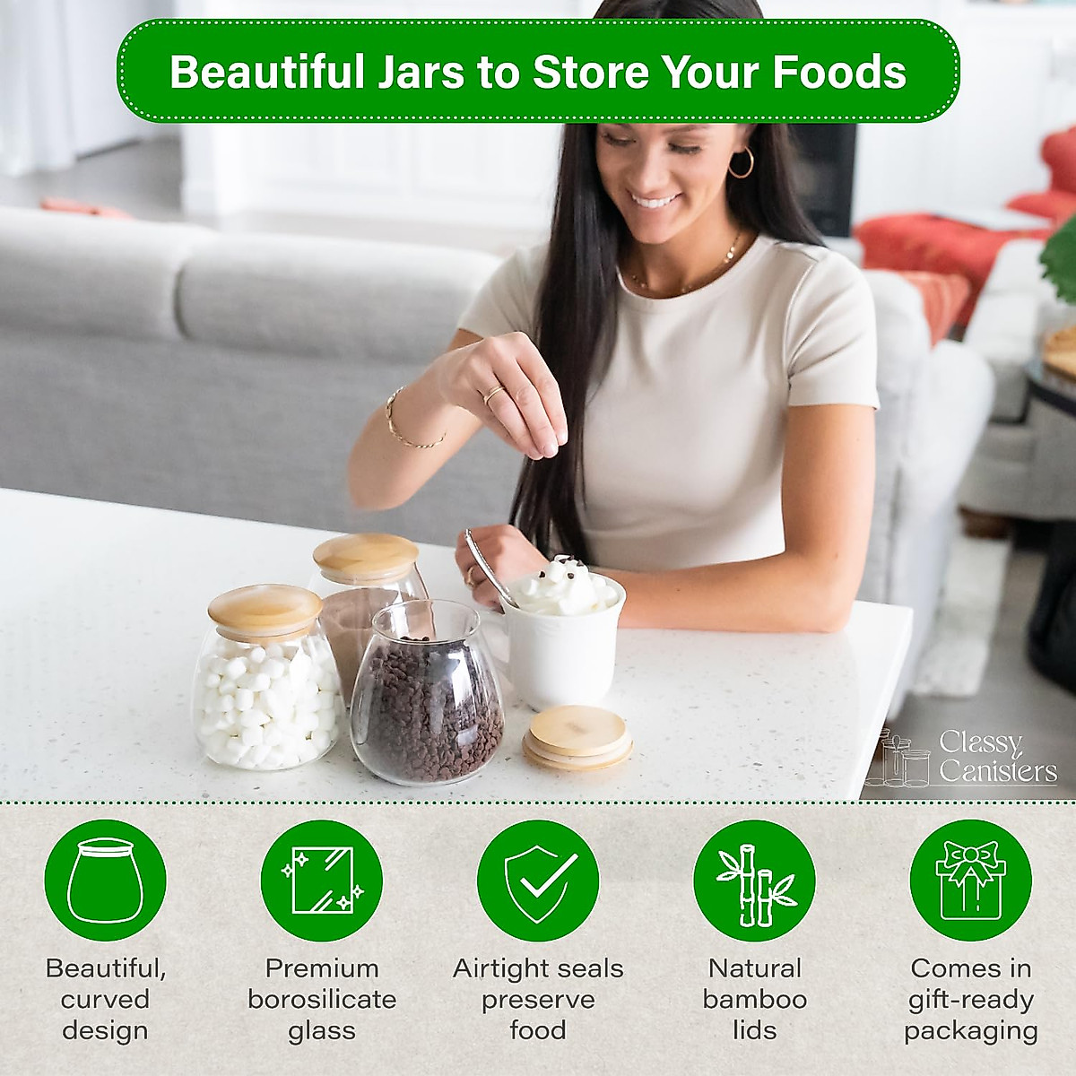 Set of 3 Round Glass Jars With Bamboo Lids - Modern, Glass Storage Containers for Coffee, Sugar, Candy, Rice, Pasta & More - Decorative 29 Ounce Borosilicate Glass Canisters With Airtight Lids