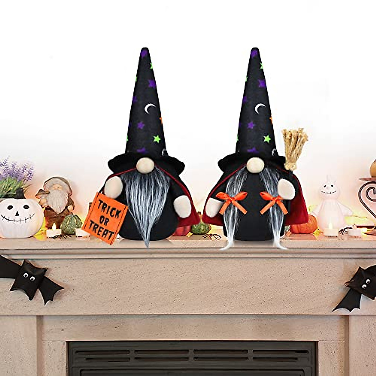 Halloween Decorations Indoor 2PCS Witch Halloween Gnomes Plush Decor, Mr & Mrs Handmade Tomte Swedish Gnome for Halloween Home Table Mantle Tiered Tray Decor, Halloween Trick or Treat Gifts