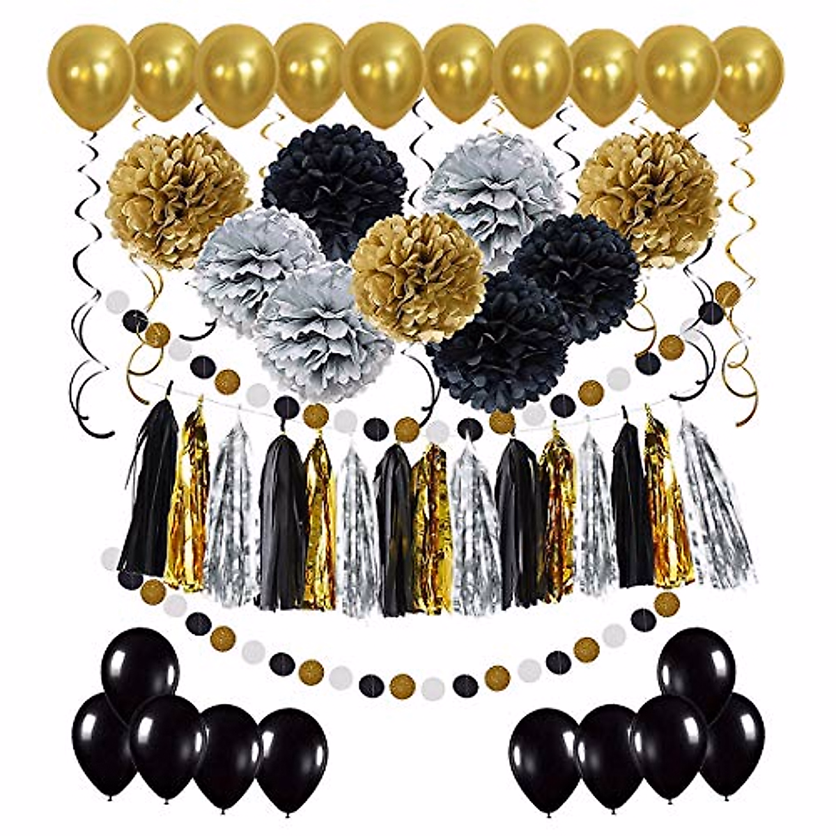 Black and Gold Party Decorations - Masquerade and Birthday Party Decorations with DIY Paper Pom Poms Flowers, Tassel Garland, Balloons, Hanging Swirl, Circle Paper Garland - 58Pcs