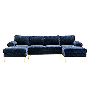 Verfur 5-Seater Sectional Sofa with Extra Wide Chaise and Movable Ottoman, U Shaped Convertible Couch Bed with Golden Metal Legs,Velvey Sofa&Couches Corner, Navy Blue