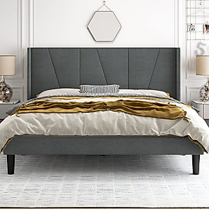 HOOMIC King Size Platform Bed Frame with Geometric Wingback Headboard, Wooden Slats Support, No Box Spring Needed, Modern Style in Dark Grey