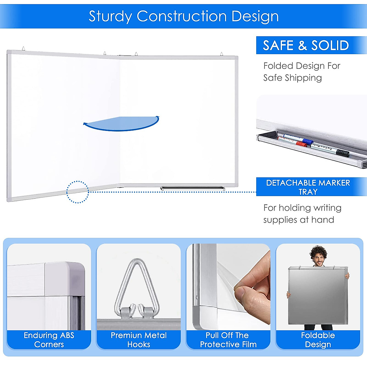 Large Magnetic Whiteboard, maxtek 60 x 36 Magnetic Dry Erase Board Foldable with Marker Tray 1 Eraser 3 Markers and 6 Magnets | 5' x 3' Big Wall-Mounted Memo White Board for Office Home & School