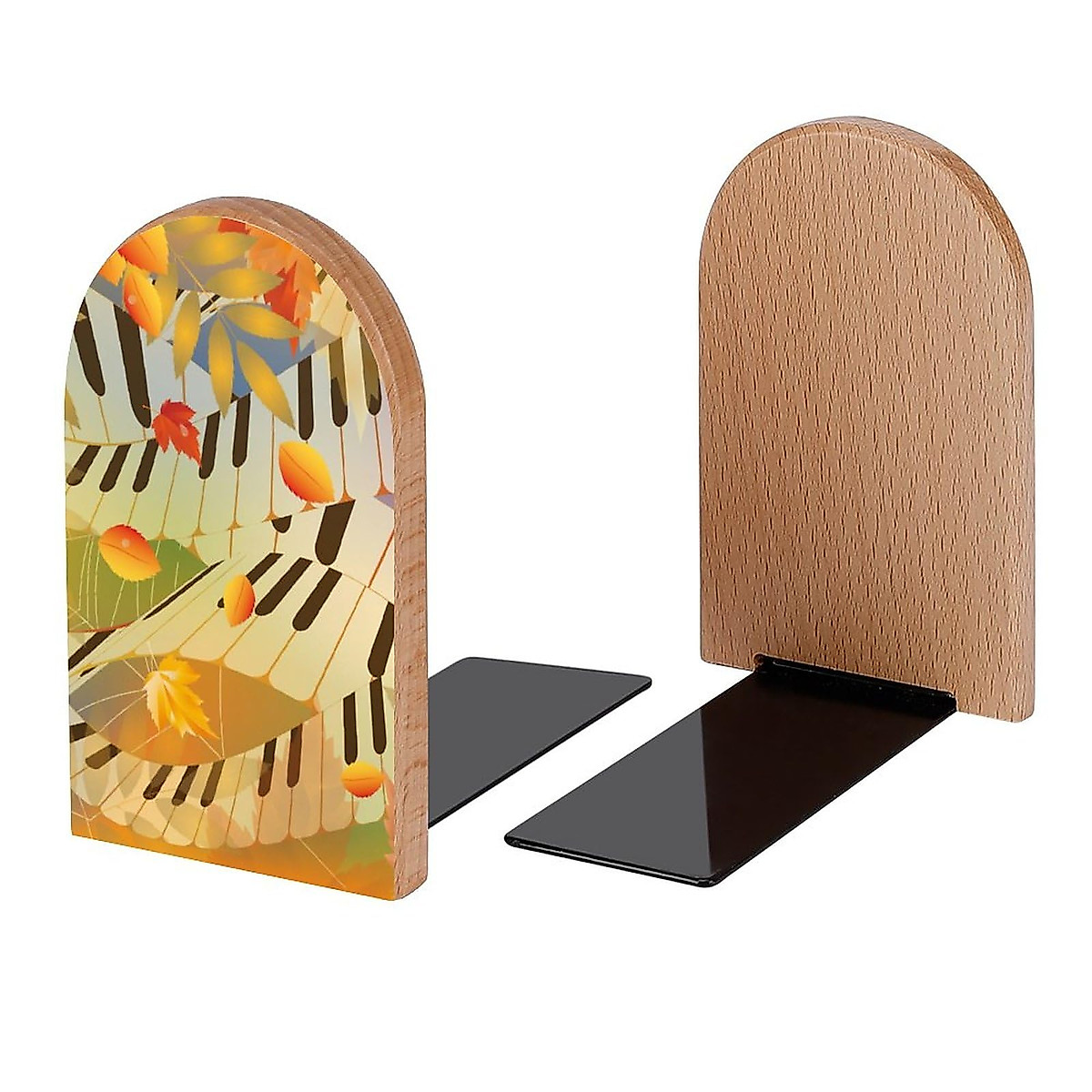 Musical Autumn Keyboard Leaves Book Ends Decorative Wood Bookends for Shelves Kids Room Desk Home Office Book Stoppers for Magazines,Books, DVDs, 1 Pair/2 Pieces(5x3.1 in)