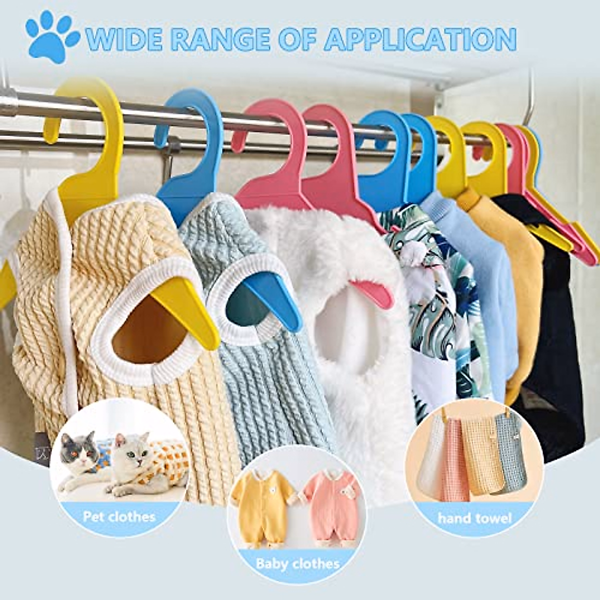 GKPONSX 12Pack Dog Clothes Hangers, 2 Size Plastic Pet Apparel Hanger Small Baby Hangers for Nursery Small Dog Puppy Cats Kitten Clothing Closet (Pink, Blue, Yellow)