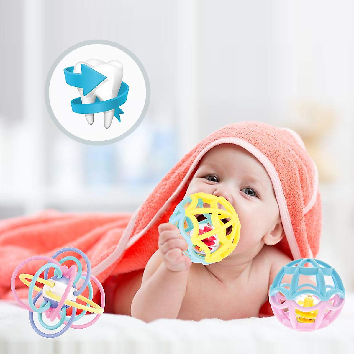 Baby Play Ball and Sensory Teether. Two Outer Plus 2 Inner Balls. Rattles and Rolls for Double The Fun. Ages 0 Month to 4 Years