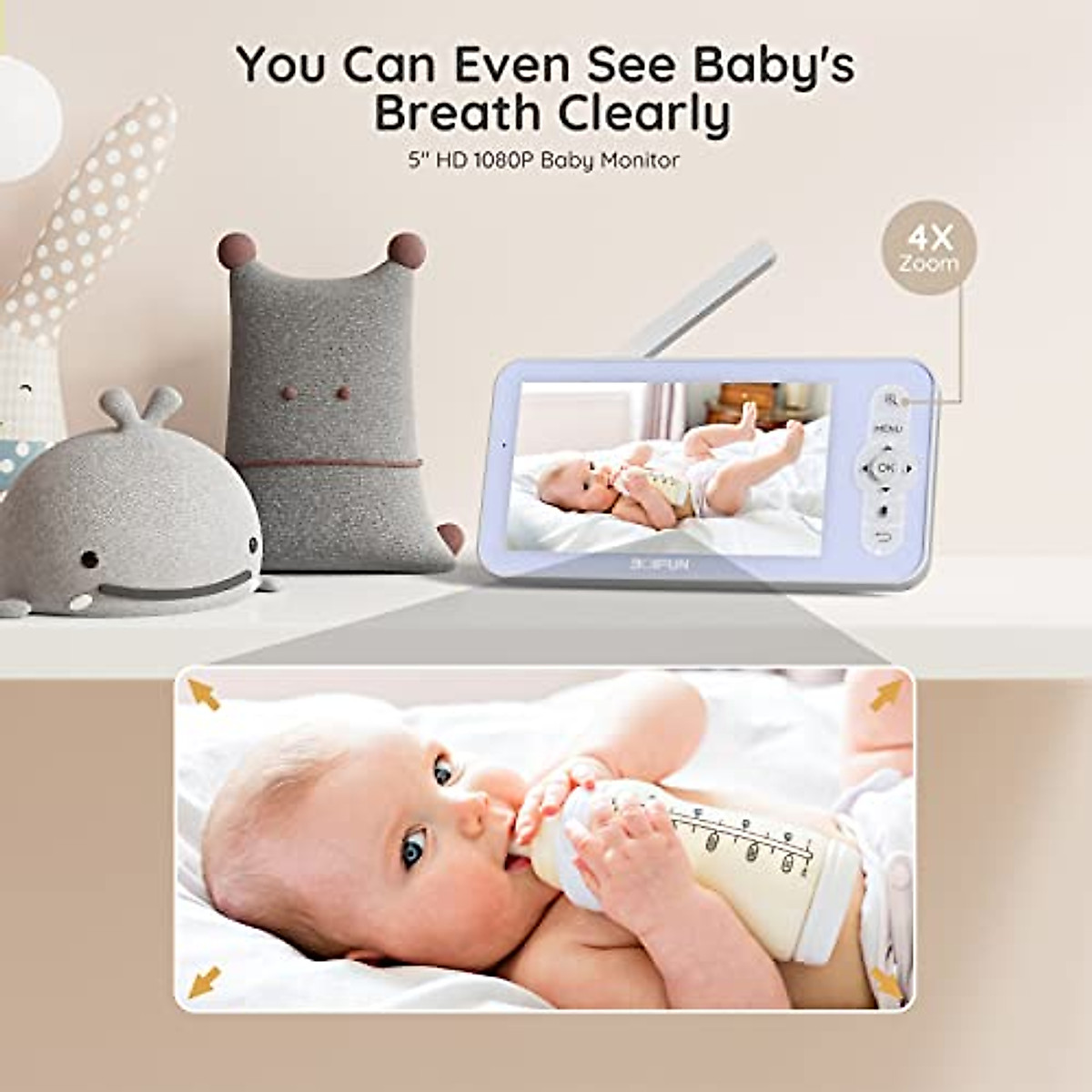 BOIFUN 5" Baby Monitor, 1080p WiFi Baby Monitor Via Android/iOS App Control, Video Record & Playback, Temp & Humidity Sensor, Night Vision, 2-Way Talk, Motion & Sound Detection, with Wall Mount Base