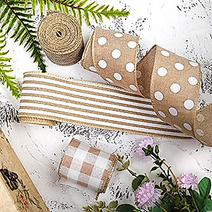 4 Rolls Burlap Fabric Ribbon Burlap Edge Ribbon White Dot Plaid Stripe Ribbon Rustic Farmhouse Craft Ribbon for DIY Present Wrapping Wreath Floral Bow Craft Decor, 2.5 Inch x 20 Yard (Gray)