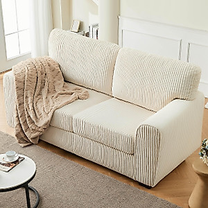 Mangodan 70" Corduroy Modern Loveseat Sofa Couch, Cozy Comfy Overstuffed Loveseat Couch Sofa with Square Wide Armrest, Extra Deep Seat Loveseat Couches for Living Room, Beige