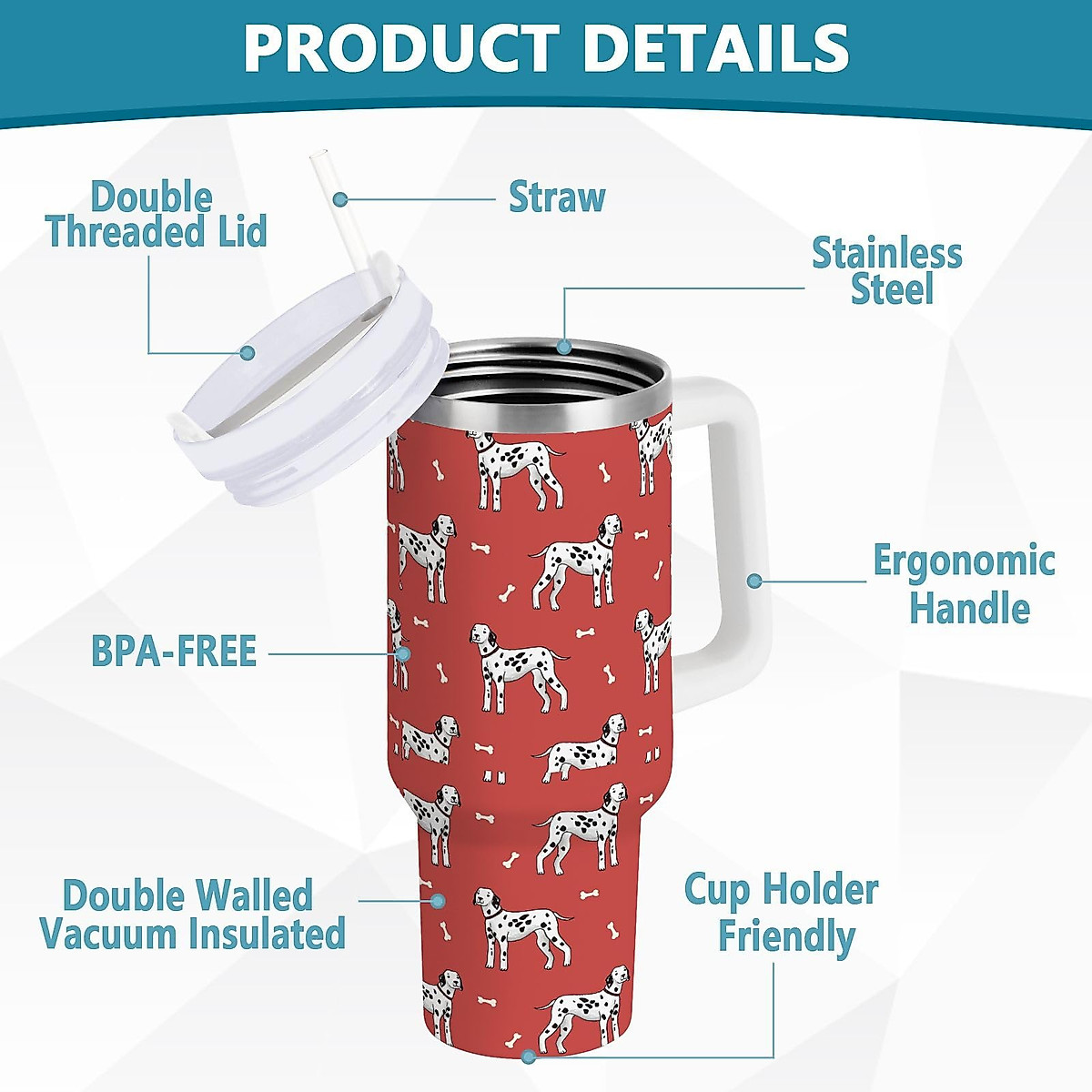 ZZXXB Dalmatian Bone Insulated Stainless Steel Water Bottle with Handle and Straw Lid Double Walled Travel Mug 30 oz