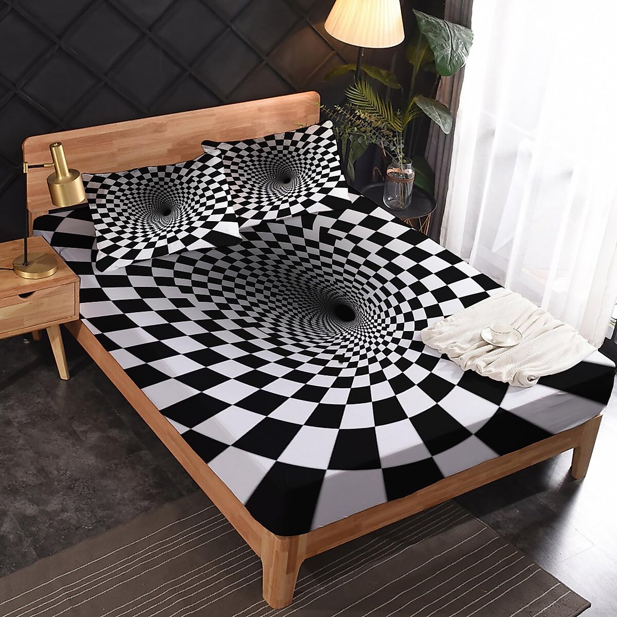 Full Size Sheet Sets - Optical Illusion Bed Sheets, Black and White Bedding Sheets & Pillowcases, Soft Microfiber & Deep Pocket & Wrinkle Free Sheet Set, 1 Fitted Sheet, 1 Flat Sheet, 2 Pillow Cases