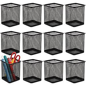 Nicunom 12 Pack Metal Pen Holder Square Mesh Pencil Holder Desk Organizer Mesh Pen Cup Pencil Cup for Desk Office Pen Organizer, Black