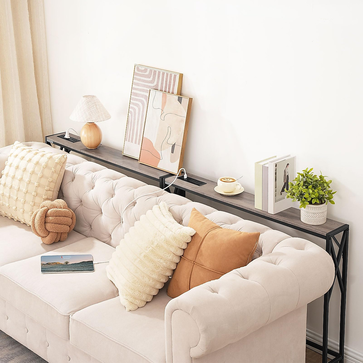 MAHANCRIS 2 Pack Sofa Table with Charging Station, 39.4” Console Table, Narrow Entryway Table, Slim Hallway Table, Retro Couch Table, for Entrance, Foyer, Living Room, Hallway, Greige CTHG151E01S2